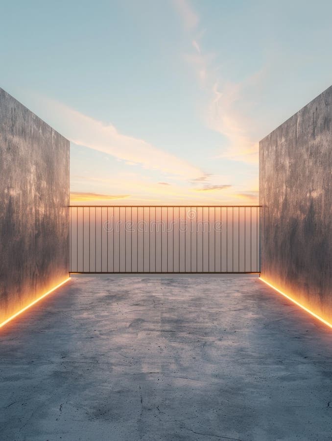 Concrete Wall with Gate and Sunset Stock Photo - Image of freedom ...