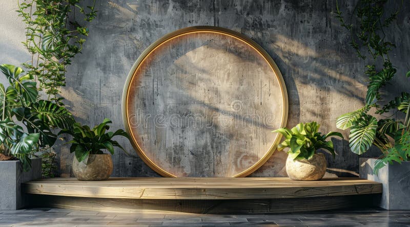 Concrete Wall with Lit Circular Decor and Greenery Stock Photo - Image ...