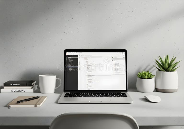 Concrete Wall Office with Open Laptop Setup Stock Illustration ...