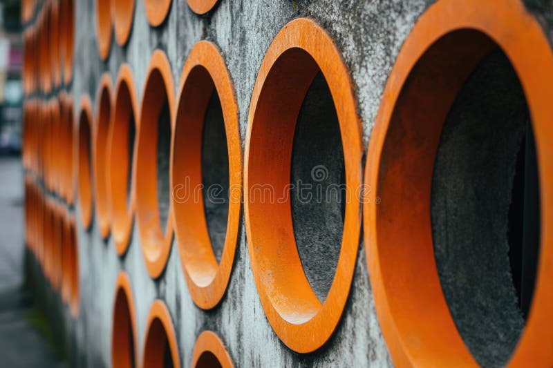 A Concrete Wall with Orange Circles Painted or Stuck on it Stock ...