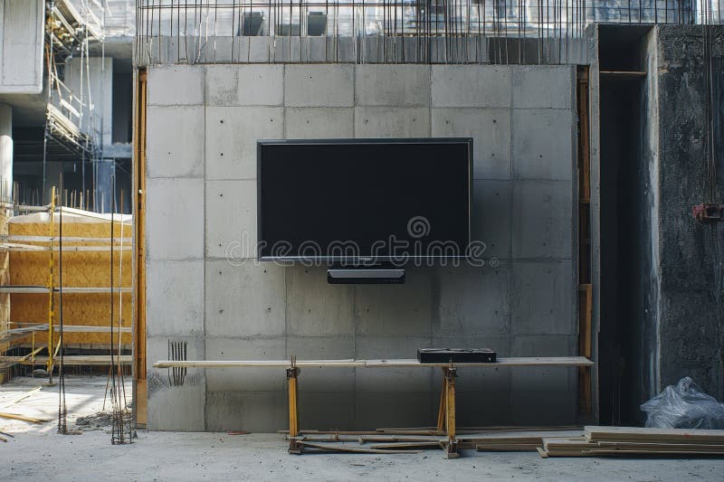 Concrete Wall with Unmounted Flat-screen Television in an Unfinished ...
