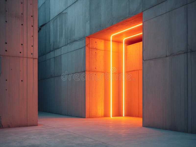 Concrete Walls with a Glowing Orange Portal. a Minimalist Architectural ...