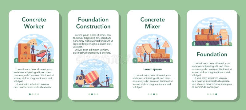 Concrete Worker Mobile Application Banner Set. Professional Builder ...