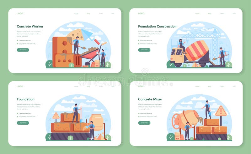 Concrete Worker Web Banner or Landing Page Set. Professional Builder ...