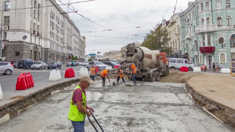 Concrete Works for Road Maintenance Construction with Many Workers and ...