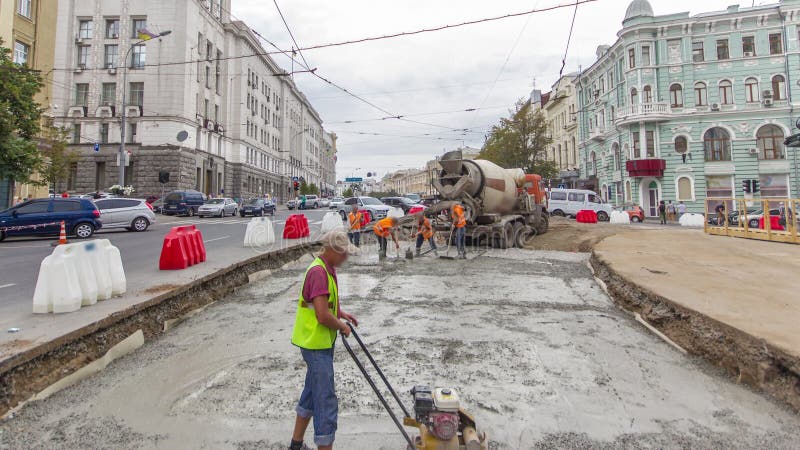 Concrete Works for Road Maintenance Construction with Many Workers and ...
