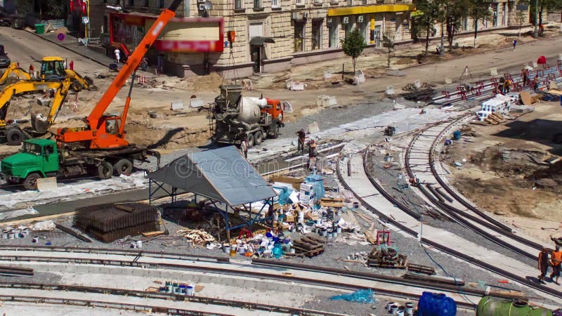 Concrete Works for Road Construction with Many Workers and Mixer ...