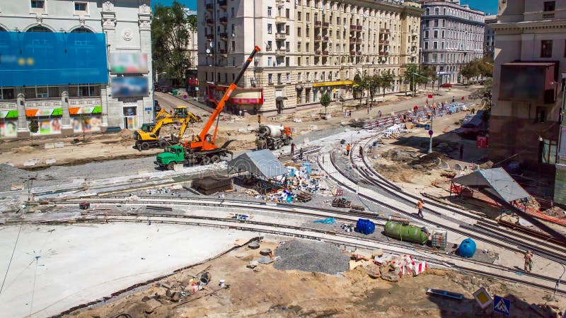 Concrete Works for Road Construction with Many Workers and Mixer ...