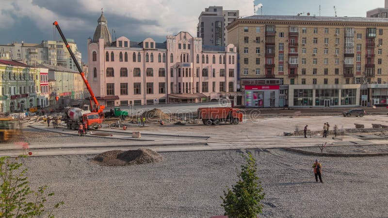 Concrete Works for Road Construction with Many Workers and Mixer ...