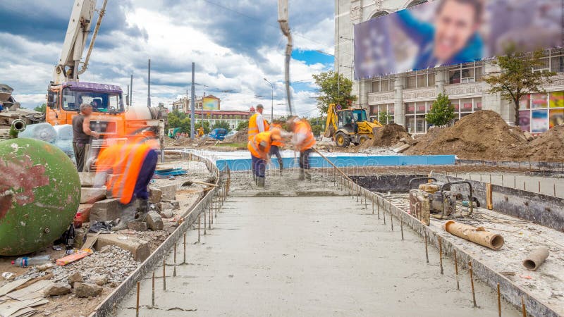 Concrete Works for Road Construction with Many Workers and Concrete ...