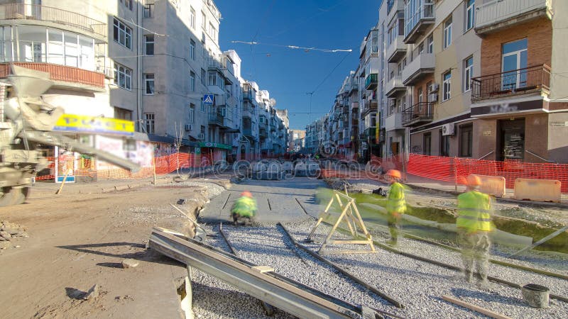 Concrete Works for Road Maintenance Construction Site with Many Workers ...