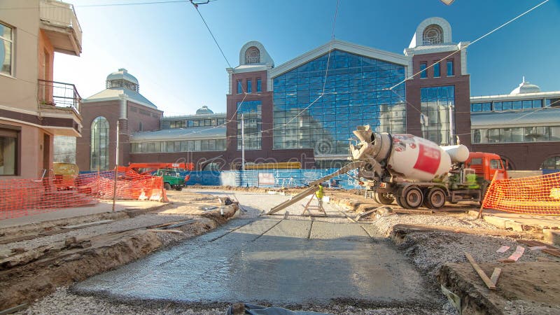 Concrete Works for Road Maintenance Construction Site with Many Workers ...
