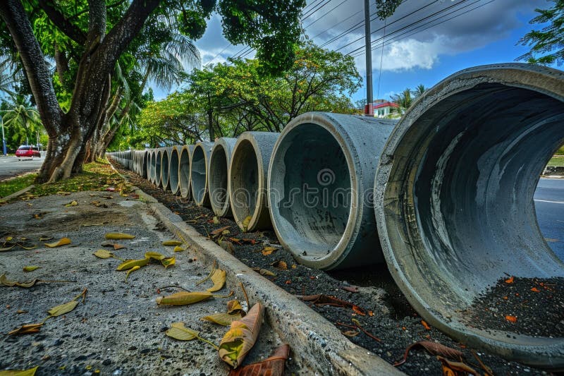 Concreted Pipes Lining the Roadside, Perfect for Infrastructure, Urban ...