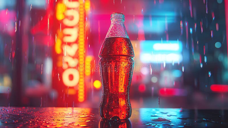 Condensation Cold Soda Bottle Under Neon Canopy Lights Stock Photos ...