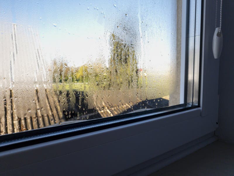 Condensation on a Window with a View of a Sunny Outdoor Scene. the ...