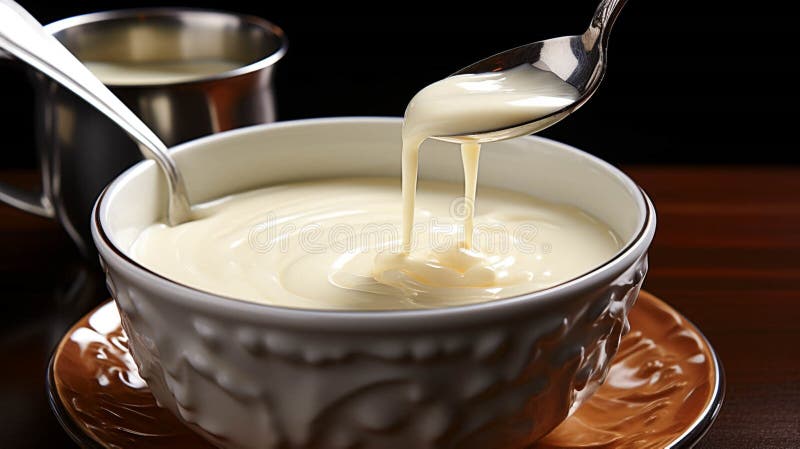 Condensed Milk and a Steel Spoon in a Bowl Stock Photo - Image of plate ...