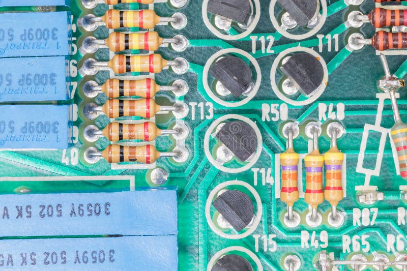 Condensers and Resistor Assembly on the Circuit Board Stock Photo ...