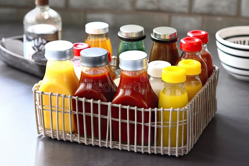 Condiment Basket, Filled with Ketchup, Mustard, and Pickles for ...