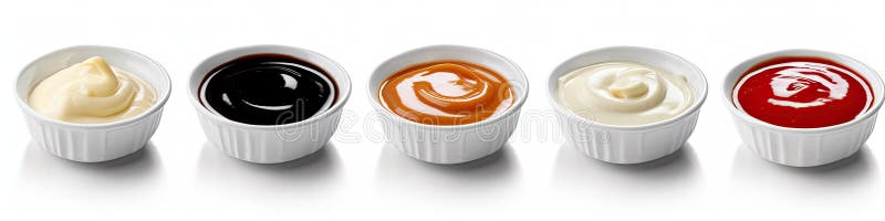 Condiment Collection: Assorted Sauces in Bowls on a White Background ...