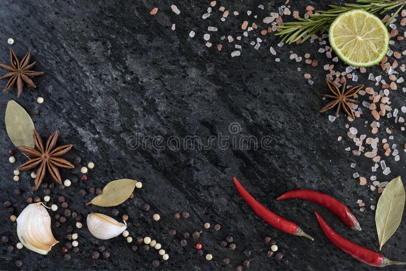 Condiments on Black Stone Table. Top View with Copy Space Stock Image ...