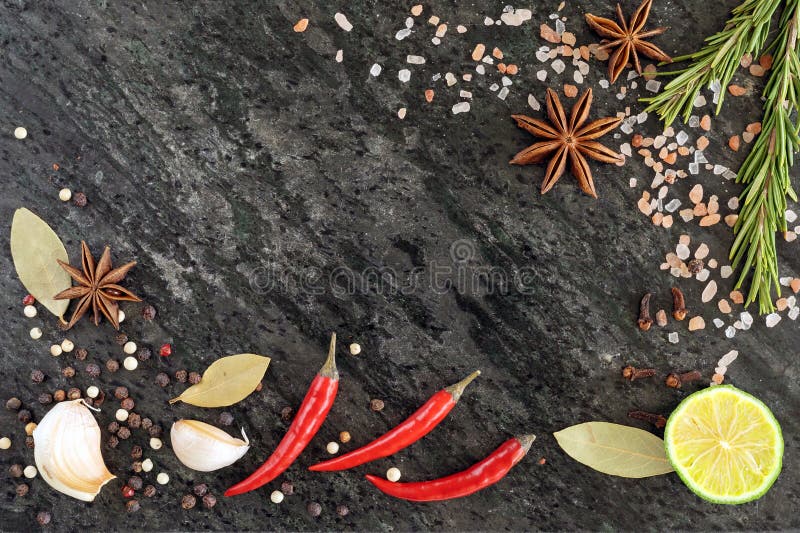 Condiments on Black Stone Table. Top View with Copy Space Stock Image ...