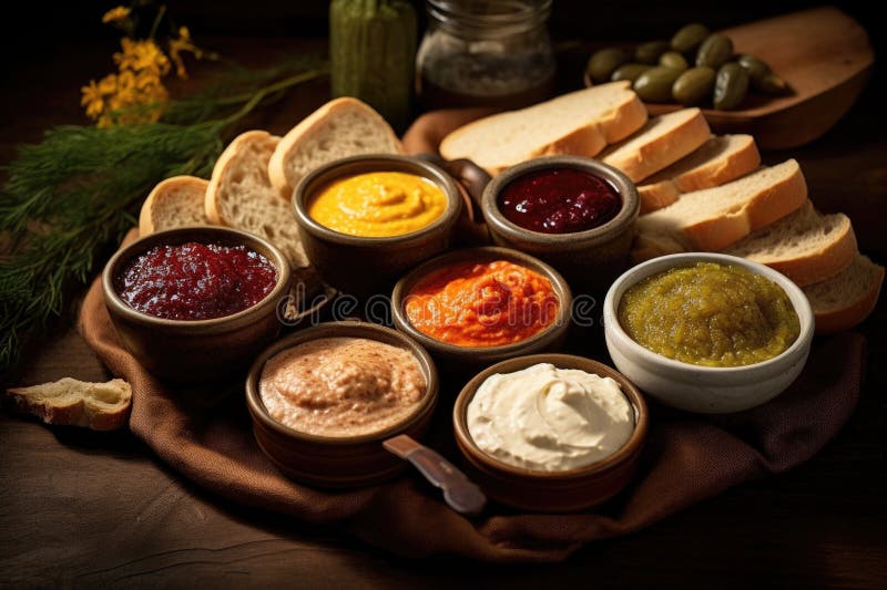 Condiments and Spreads in Small Bowls beside Bread Slices Stock ...
