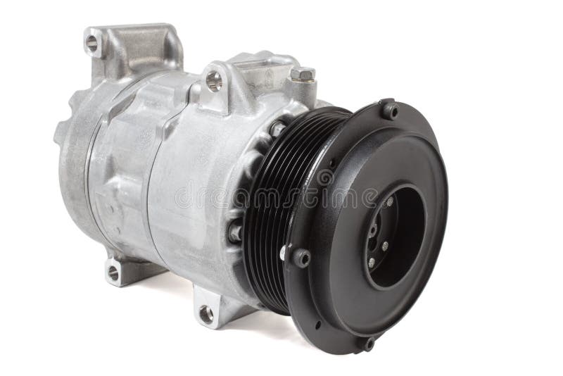 Automotive Air Conditioning Compressor on a White. Engine Parts Stock ...