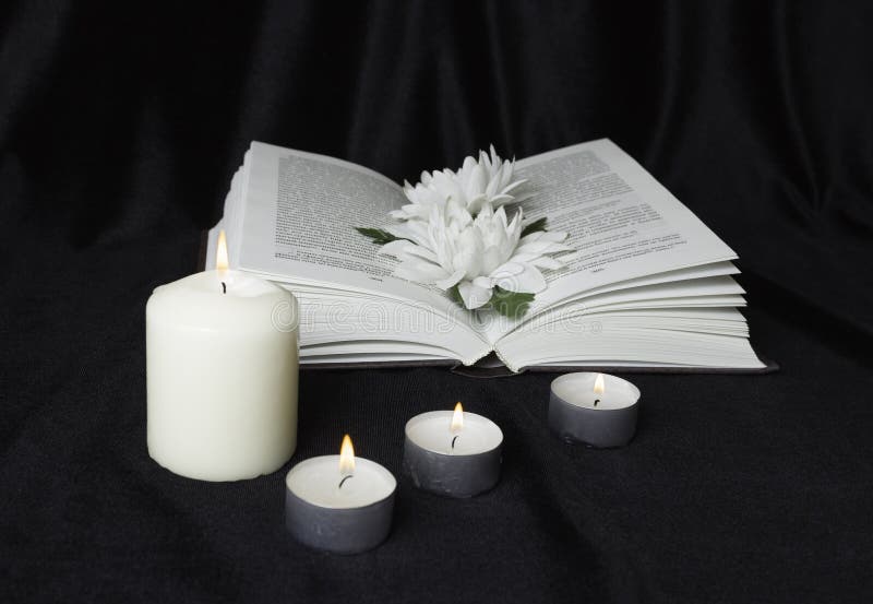 Condolence Card. a White Memorial Candle with White Flowers and an Open ... Condolence Card. a White Memorial Candle with White Flowers and an Open ...