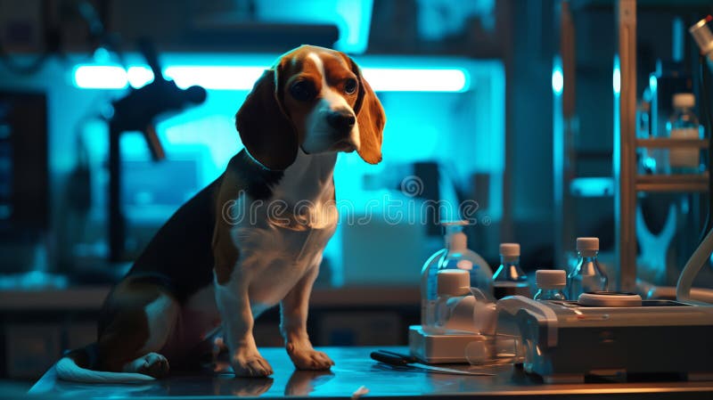 Conducting Laboratory Experiments on Animals. a Beagle Dog is Sitting ...