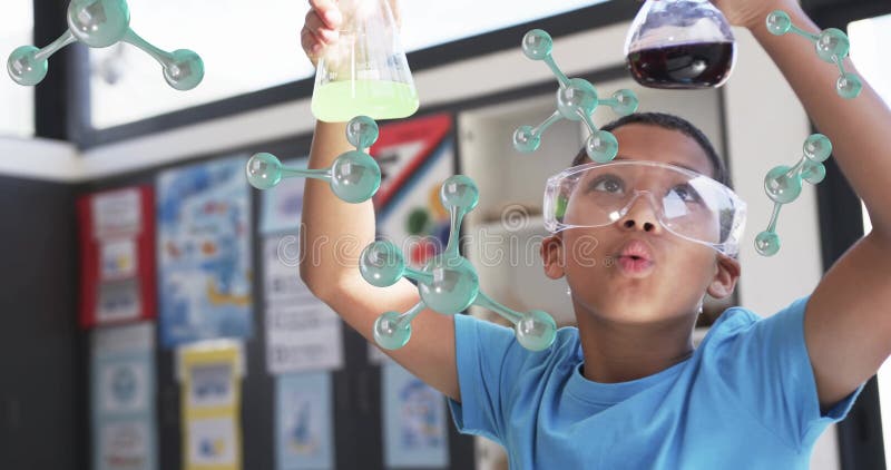 Conducting Science Experiment, Child Holding Beakers with Molecular Structure Image Stock Photo ...