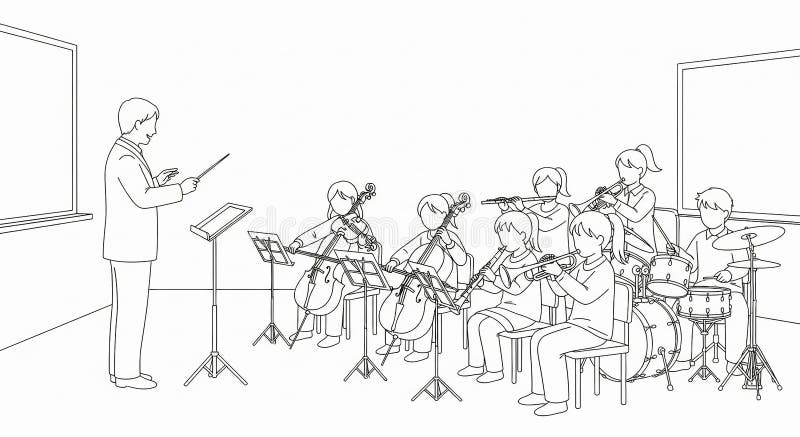 Conductor Leading a Diverse Orchestra of Children Playing Various ...