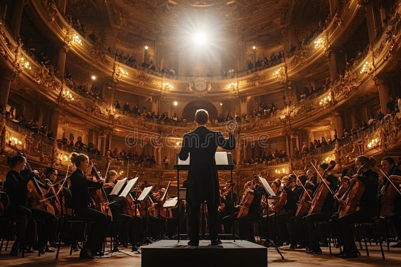 Conductor Leading Orchestra in Grand Concert Hall Stock Photo - Image ...