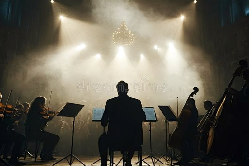 Conductor Leading Orchestra Performing Classical Music on Stage Stock ...