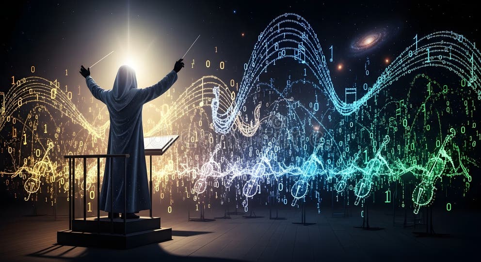 Conductor Leading a Symphony of Digital Data Streams and Musical Notes ...