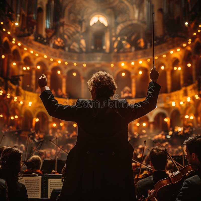 The Conductor Leads the Orchestra, Holding His Baton with Soft Lighting ...