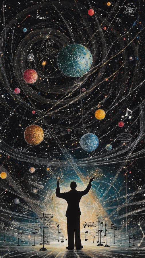 Conductor Orchestrating Cosmic Harmony Under Starry Sky Stock Image ...