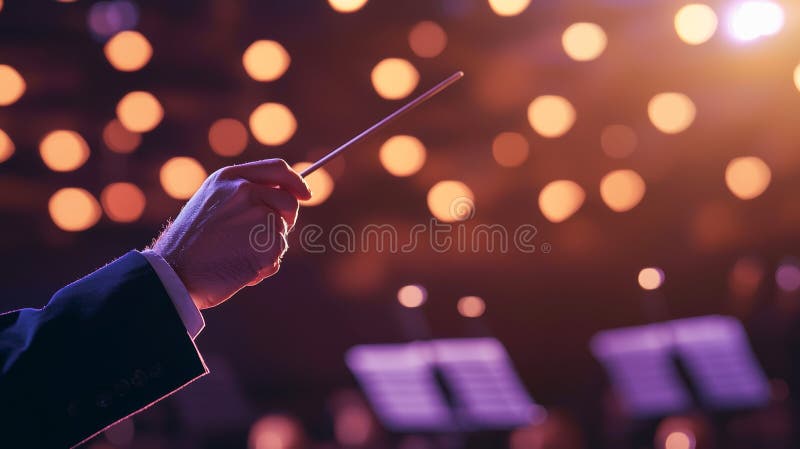 Conductor S Hand with Baton Raised Commanding Orchestra on Stage ...