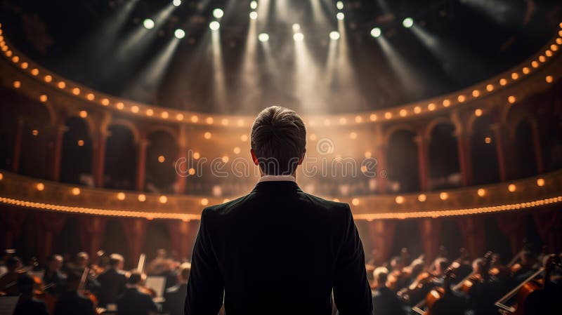 A Conductor Stands in Front of an Orchestra in a Concert Hall, Facing ...