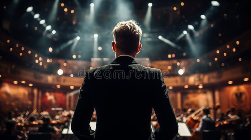 A Conductor Stands in Front of an Orchestra in a Concert Hall, Facing ...
