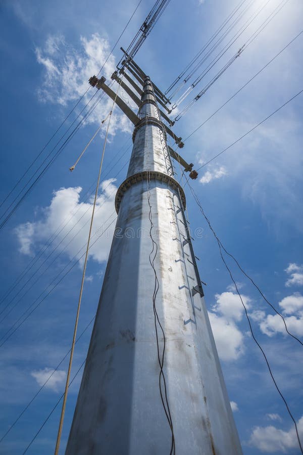 Conductor Stringing on Transmission Monopole Tower Stock Photo - Image ...