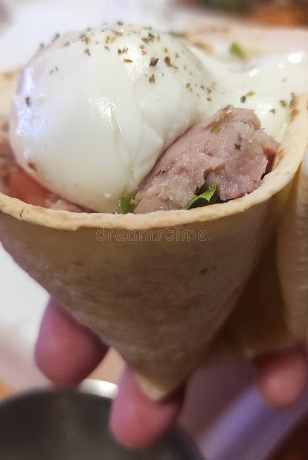 Cone with Chicken Meat and Poached Egg Stock Image - Image of chicken ...