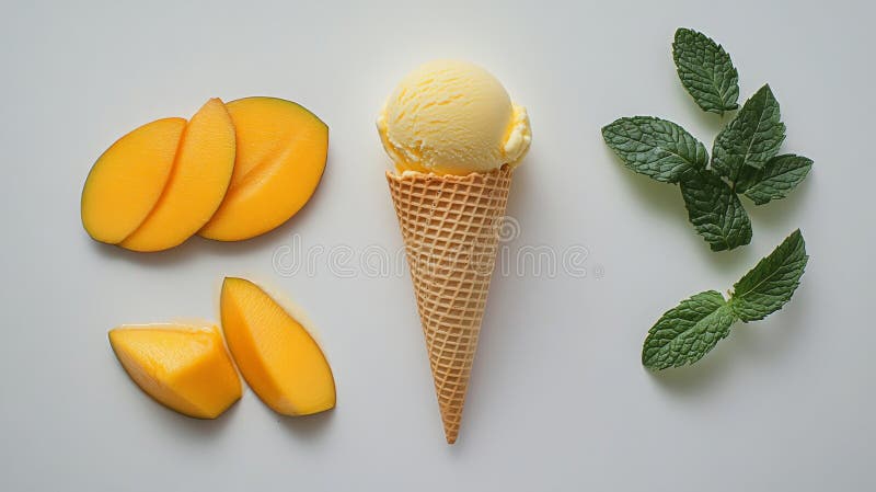 A Cone of Delicious Mango Ice Cream is Adorned with Fresh Cut Mango and ...