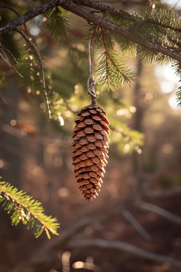 A Cone is Hanging on a Branch of a Pine Tree in the Forest. Cedar Cone ...
