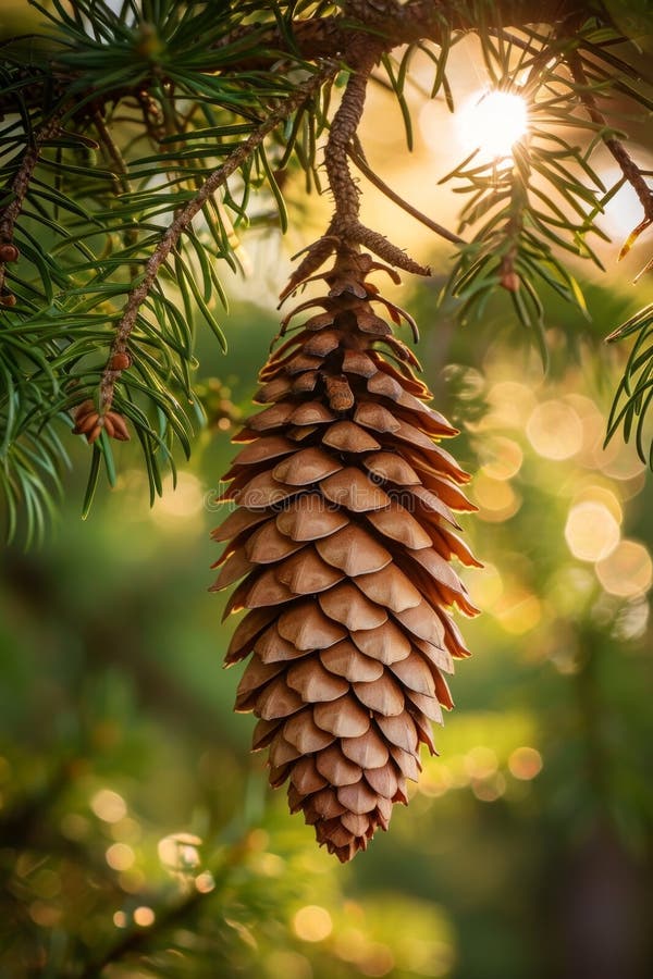 A Cone is Hanging on a Branch of a Pine Tree in the Forest. Cedar Cone ...