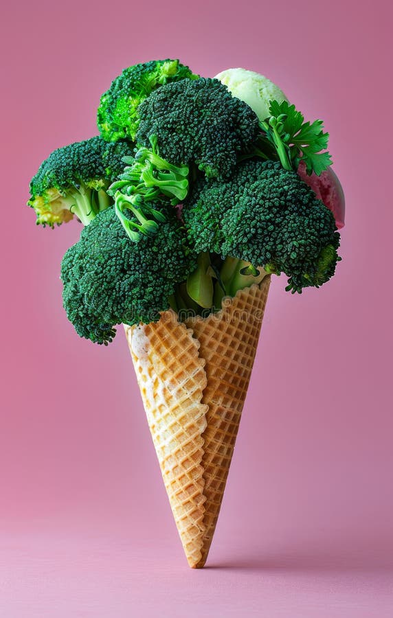 A Cone of Ice Cream with a Bunch of Broccoli on Top Stock Photo - Image ...