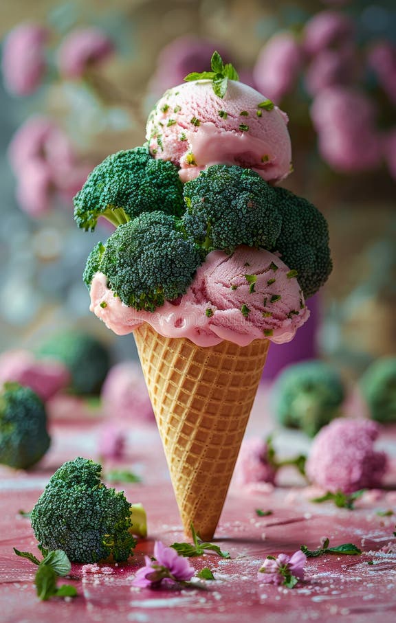 A Cone of Ice Cream with a Layer of Broccoli on Top Stock Photo - Image ...