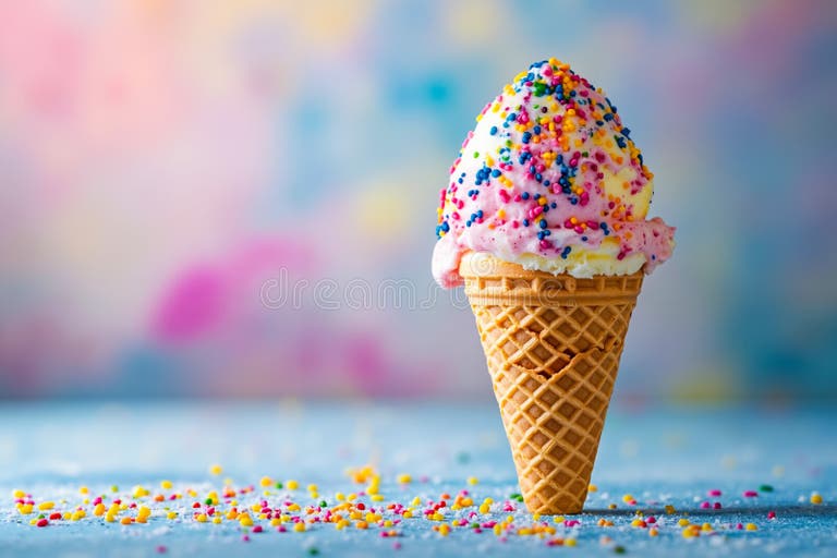 A Cone of Ice Cream with Sprinkles on a Blue Surface Stock Photo ...