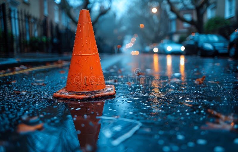 A Cone is Sitting in a Puddle of Water on a Street. the Scene is Rainy ...