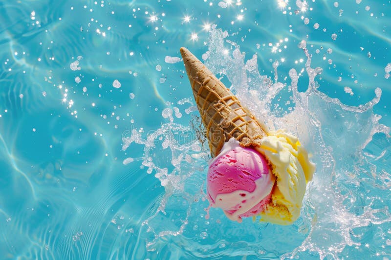 A Cone with Vanilla and Strawberry Cream Ice Cream Falling into a Pool ...