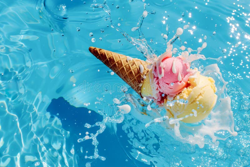 A Cone with Vanilla and Strawberry Cream Ice Cream Falling into a Pool ...
